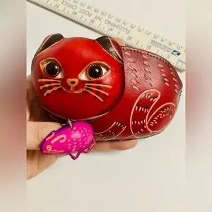 Handmade | Bags | Handmade Red Leather Scottish Fold Cat Coin Purse ...